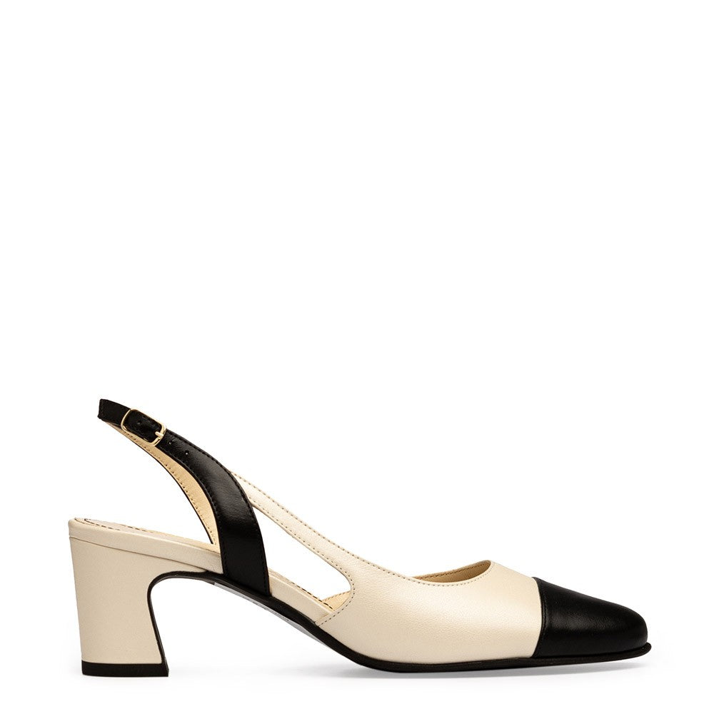 Pantofi Decupati Guban Crem si Negru cu Toc Gros - Piele Nappa