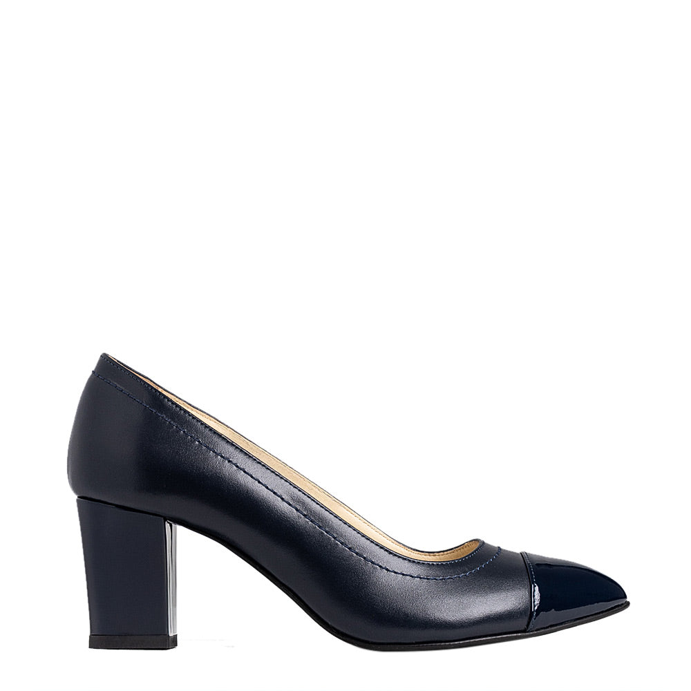 Pantofi cu Toc Gros Guban Bleumarin - Piele Nappa si Lac