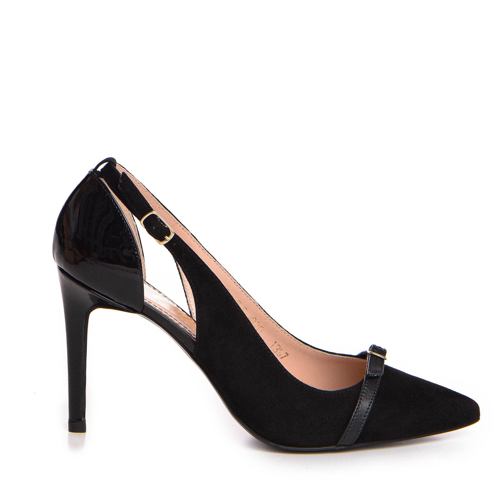 Pantofi Stiletto Guban Negri - Piele Velur si Lacuita