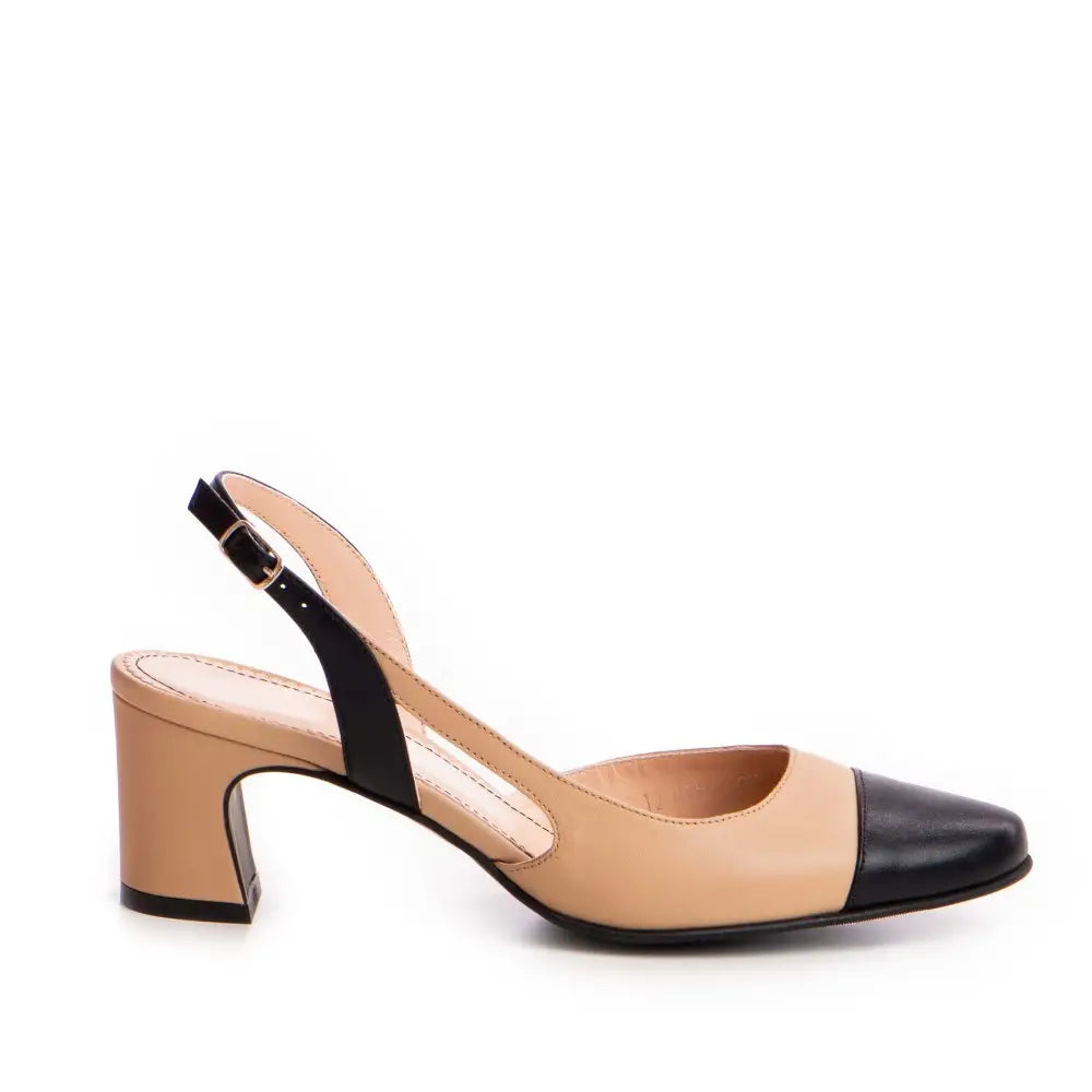 Pantofi Decupati Guban Camel si Negru cu Toc Gros - Piele Nappa